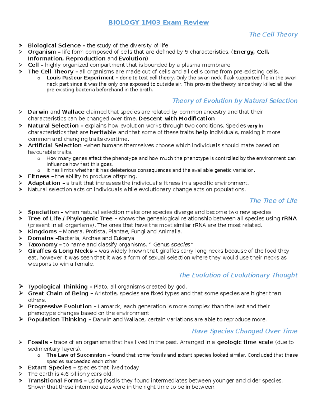 Biology 1M03 Final Exam Review Notes on Evolution and Speciation - Studocu