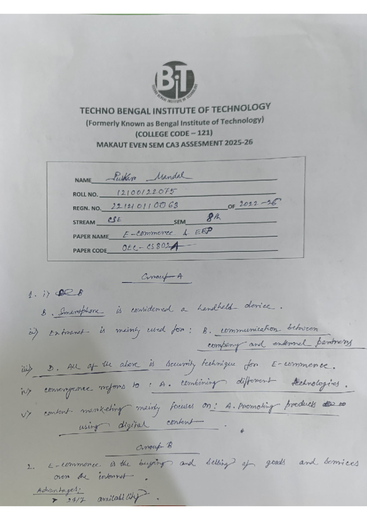 Mandatory Assignment - Computer Science and Engineering - TECHNO BENGAL ...