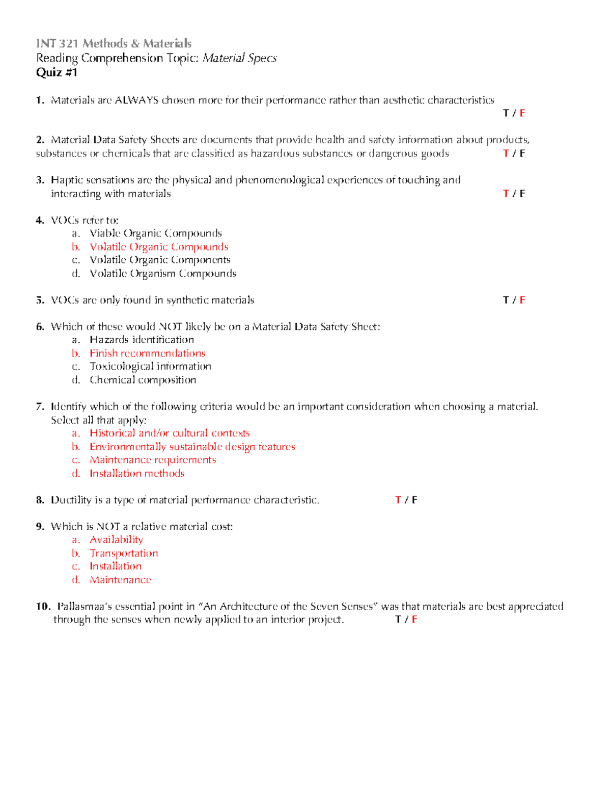 INT 321 Methods & Materials Quiz: Reading Comprehension on Materials ...