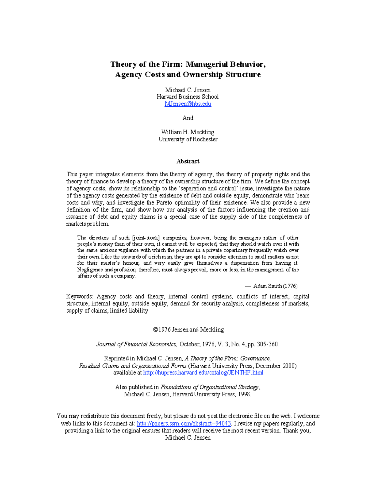 Theory of the Firm: Agency Costs and Ownership Structure Analysis - Studocu