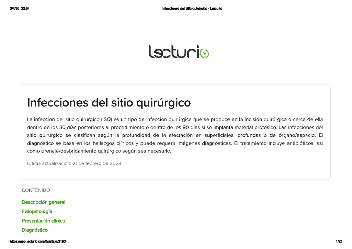 Pdf-español - LA CIRUGIA - 22:54 Infecciones del sitio quirúrgico Lecturio lacturio Infecciones ...