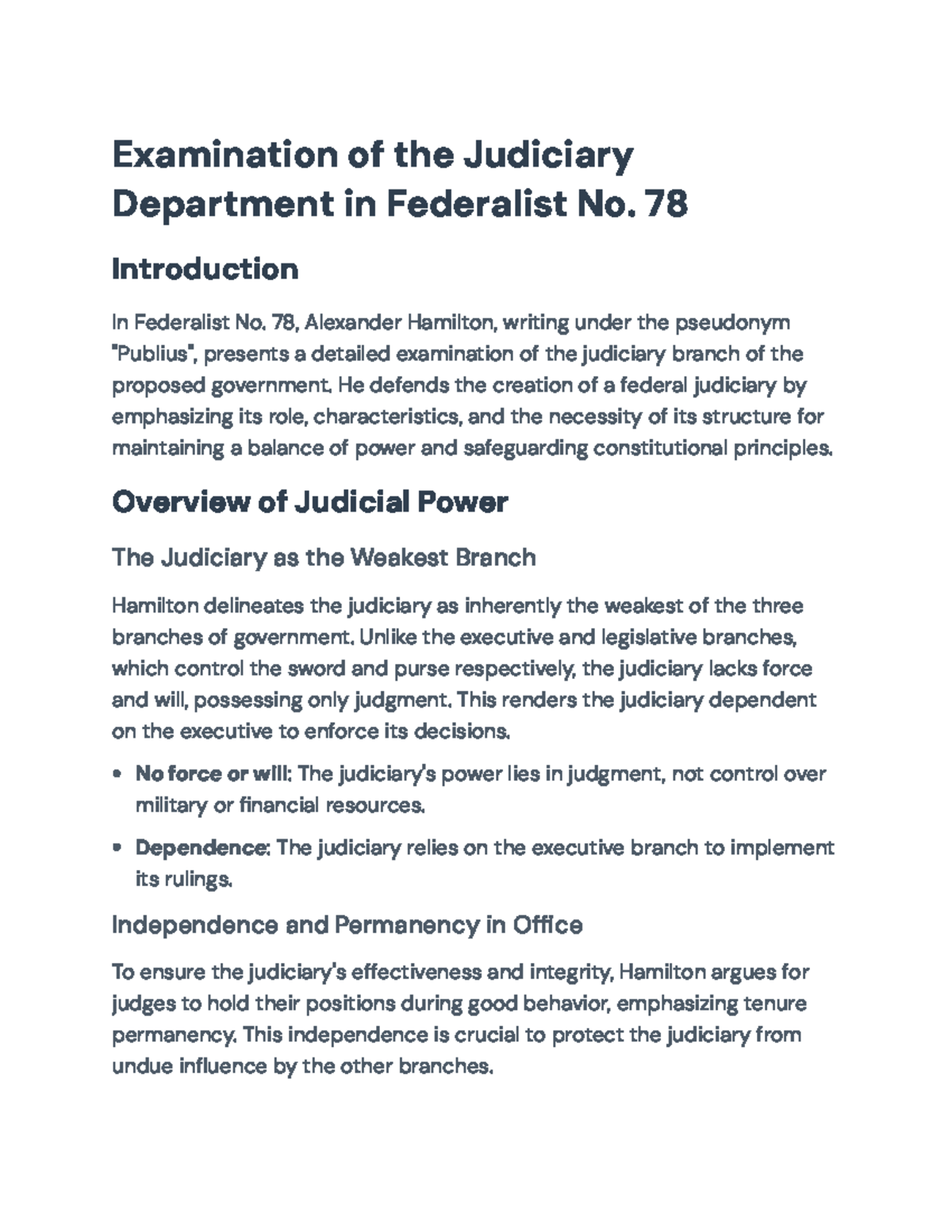 Federalist No. 78: Analyzing the Role and Independence of the Judiciary ...