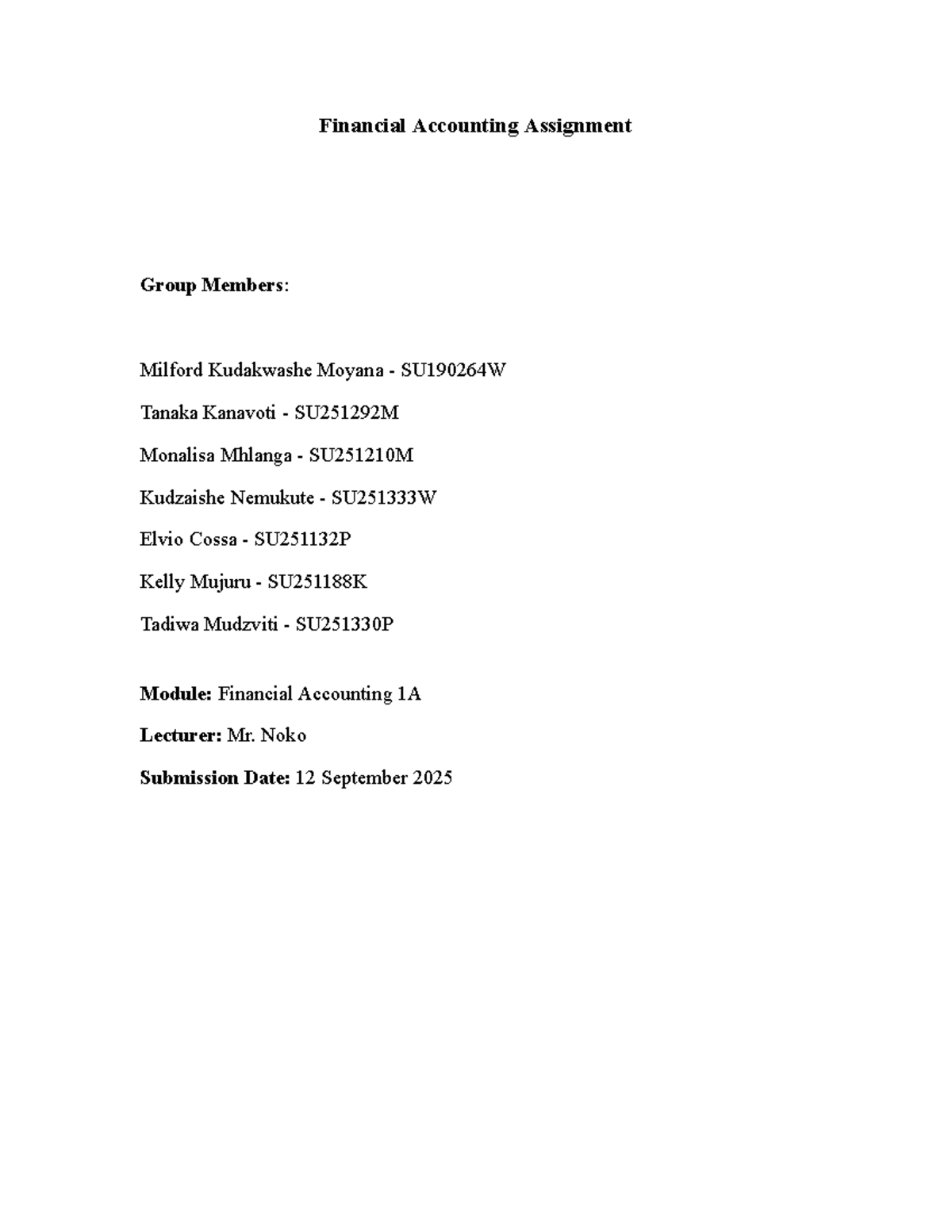 Financial Accounting Assignment (FINA 1A) - Group Members & Key ...