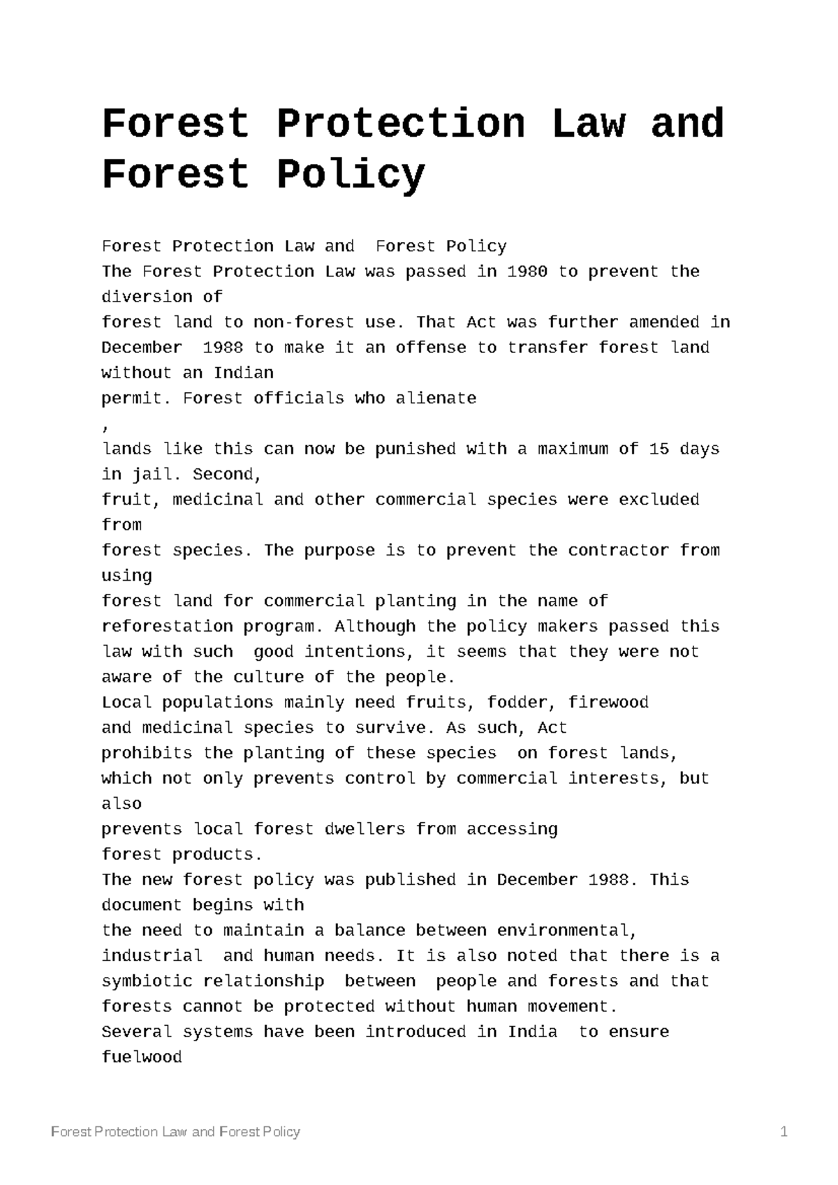 Forest Protection Law (1980) & Policy: A Critical Overview - Studocu