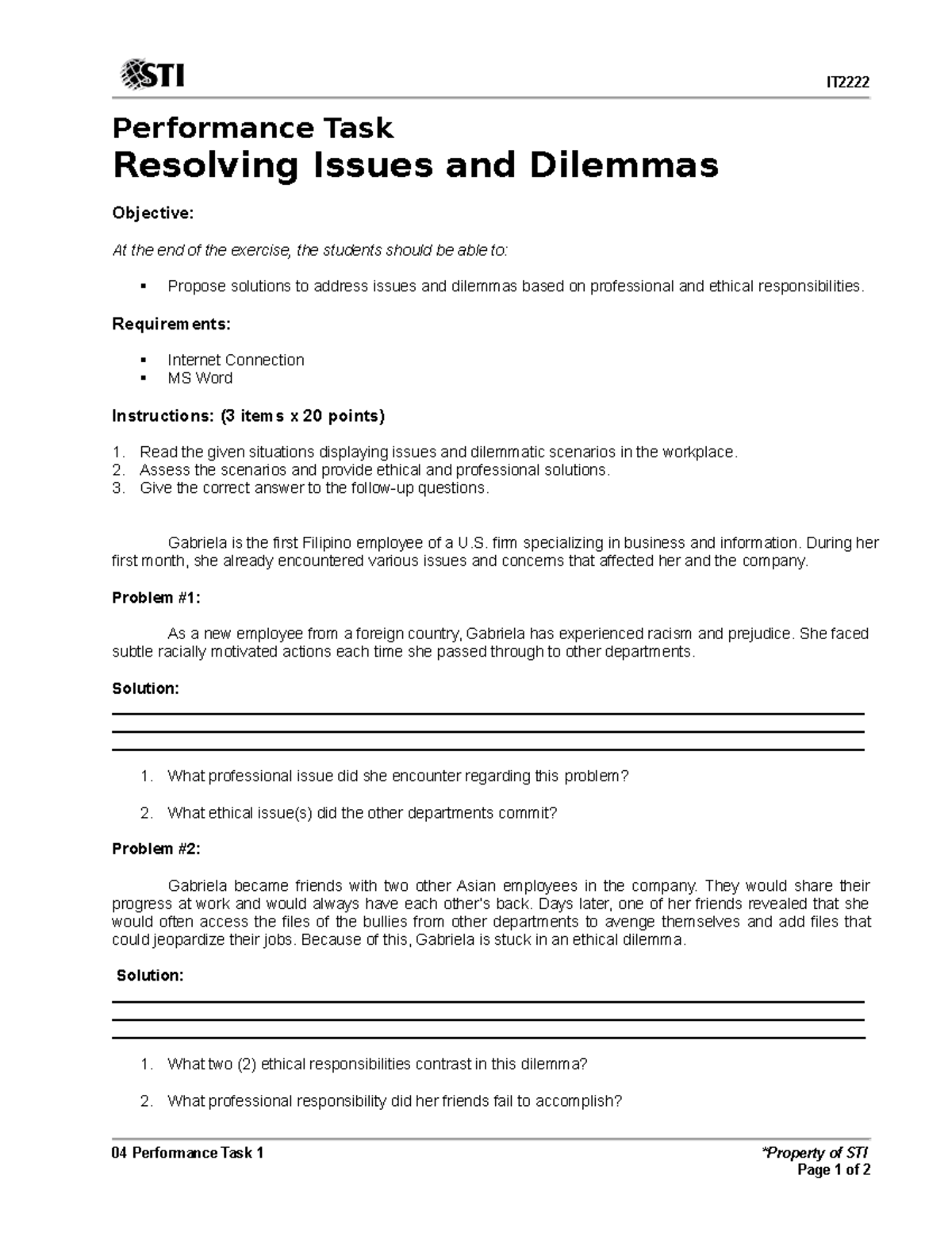 04 Performance Task 1 - database - IT 04 Performance Task 1 *Property of STI Page 1 of 2 ...