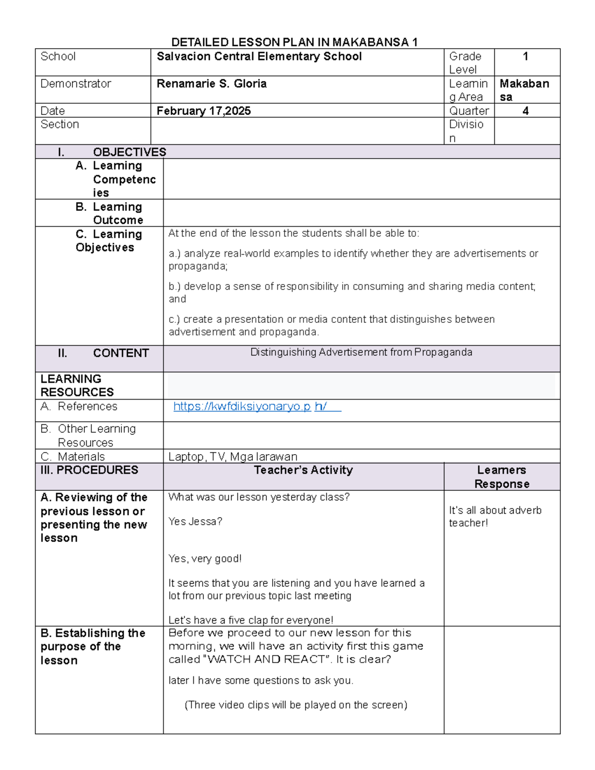Detailed Lesson Plan: Makabansa 1 - Week 2 (Quarter 4) - Studocu