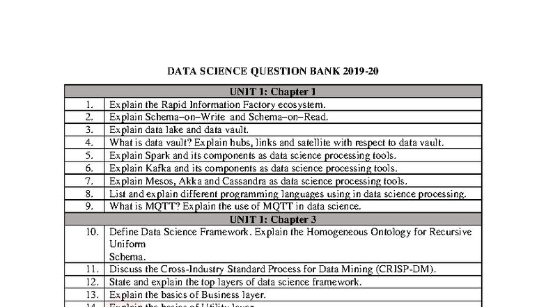 DATA SCIENCE QUESTION BANK (2019-20) - Comprehensive Study Guide - Studocu