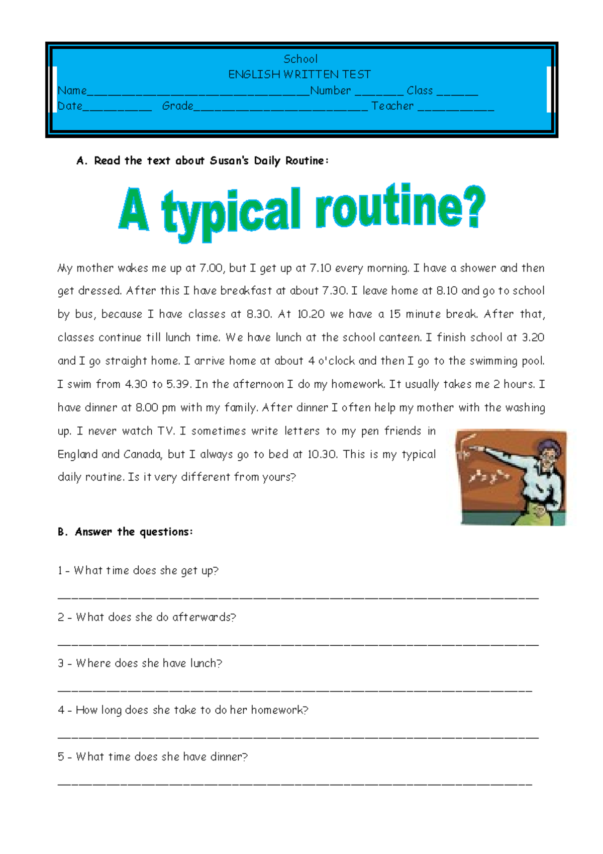 English Written Test - Daily Routine Practice - Studocu