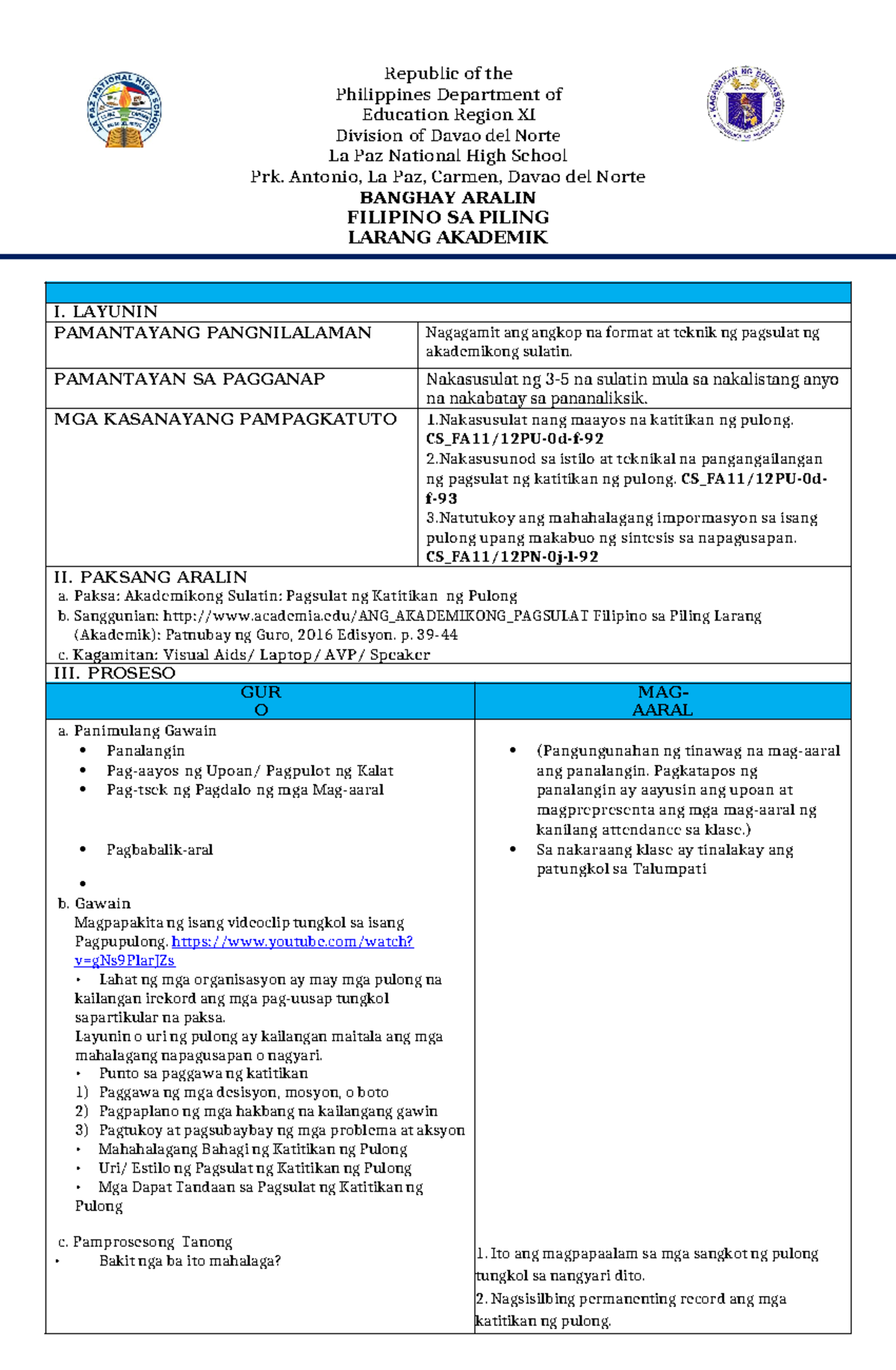 Grade 12 - Akademik - Plan ng Aralin sa Pagsulat ng Katitikan ng Pulong ...