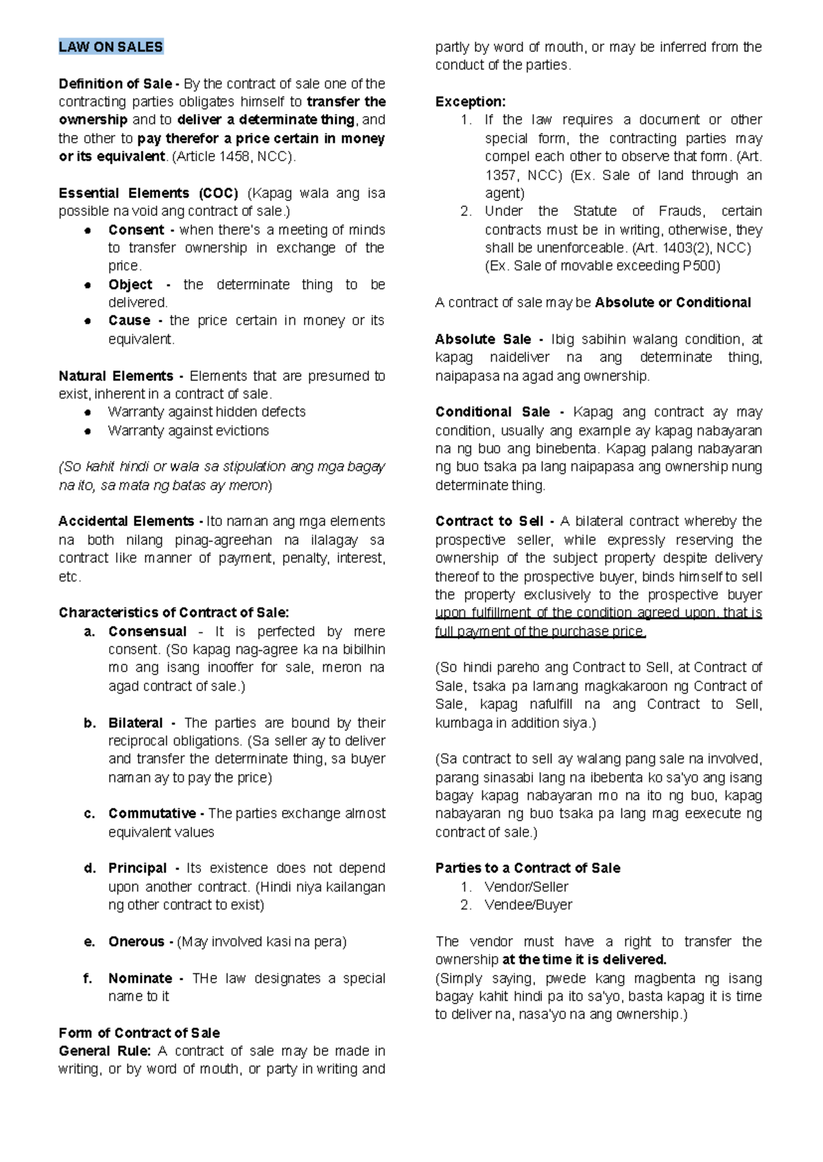 LAW ON SALES: Essential Elements and Legal Framework - Studocu