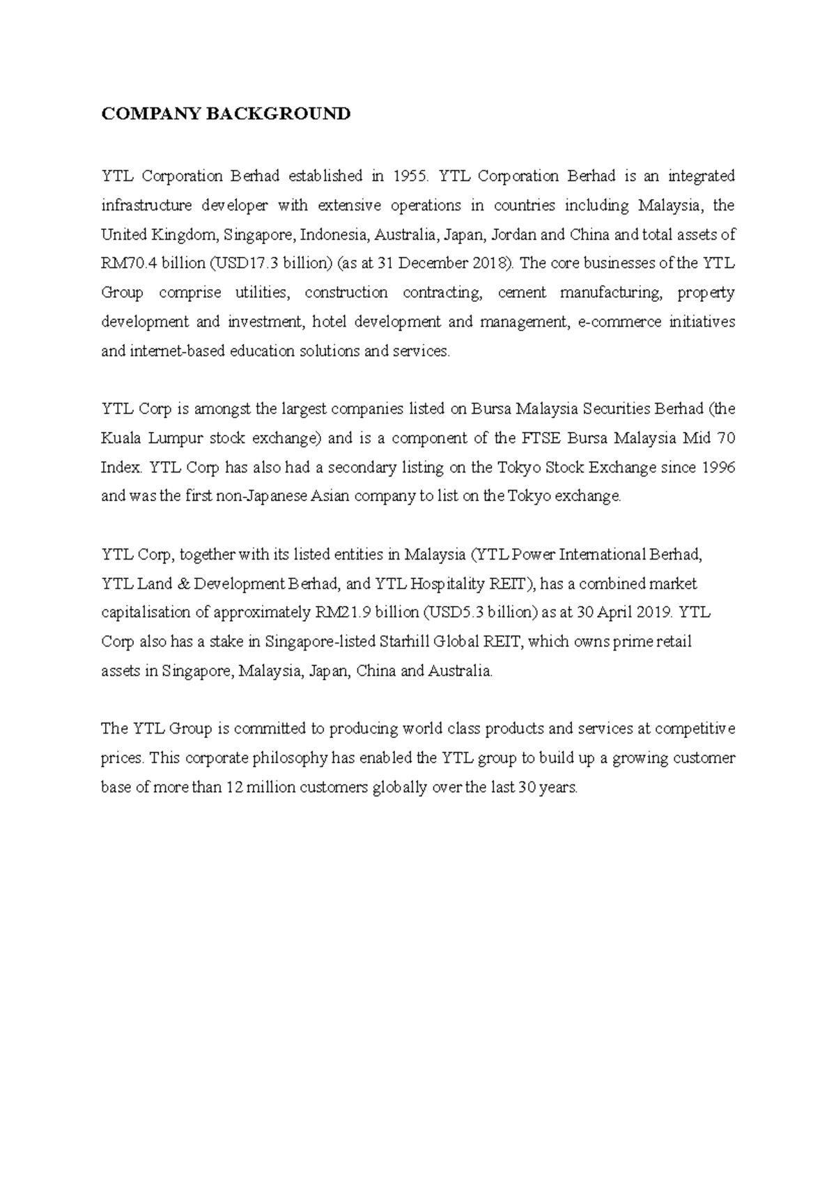 YTL Corporation Berhad Background: A Global Infrastructure Developer ...