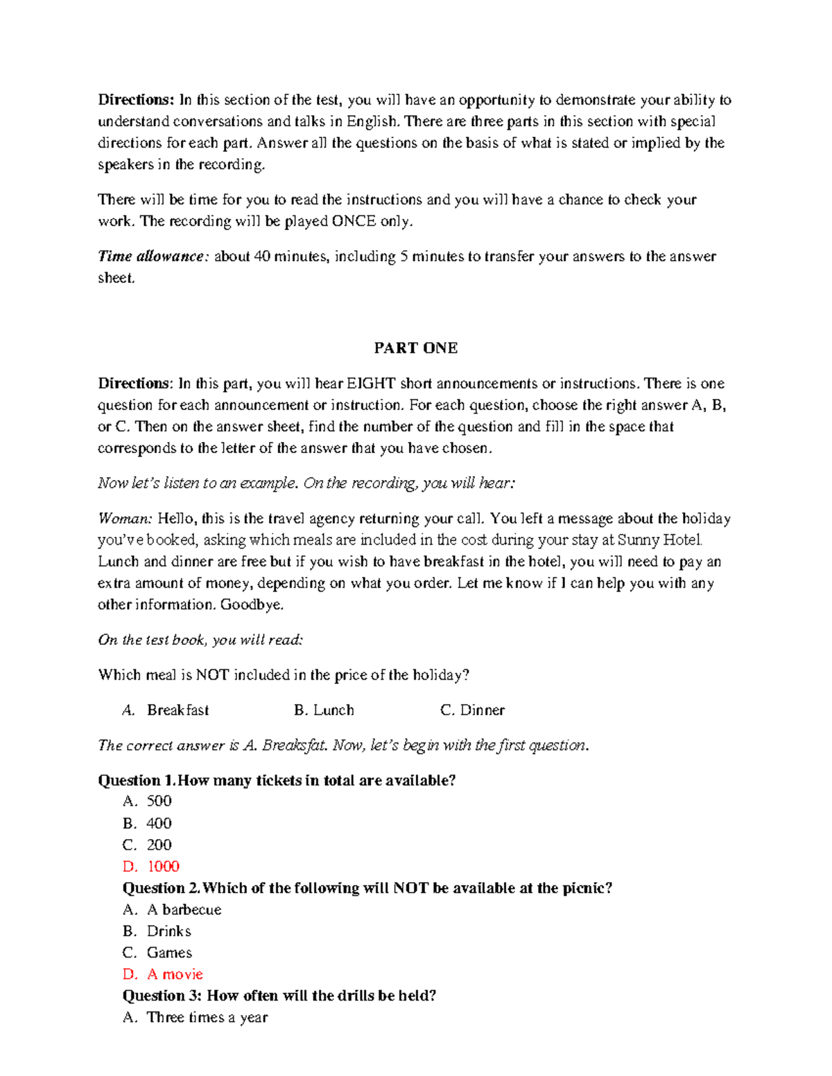 Practice Test 2: Listening Comprehension Directions and Questions - Studocu
