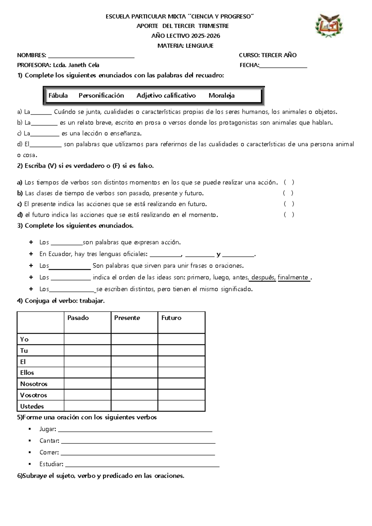 Aporte de Lenguaje 3RO - Actividades del Tercer Trimestre - Studocu