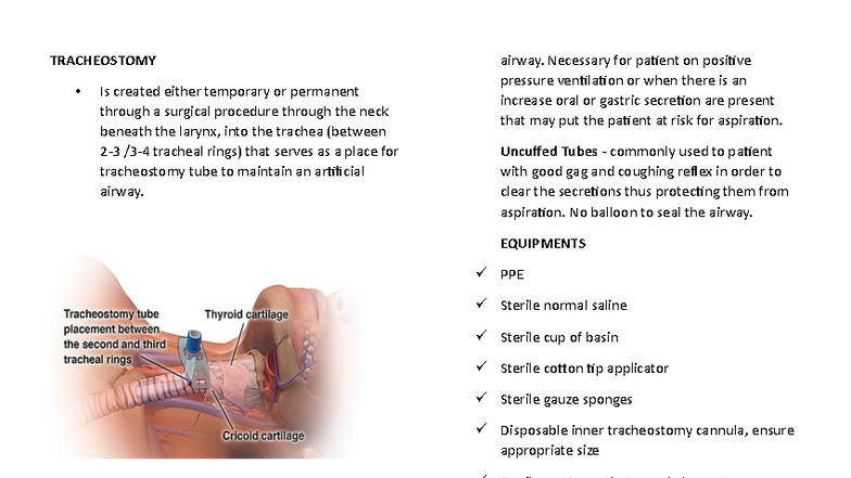 TRACHEOSTOMY Care: Procedures, Equipment, and Assessments Guide - Studocu