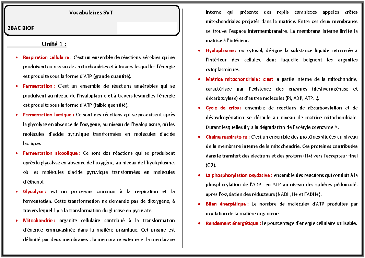 Vocabulaires et Définitions SVT 2BAC BIOF - Cours de M. TAHIRI - Studocu