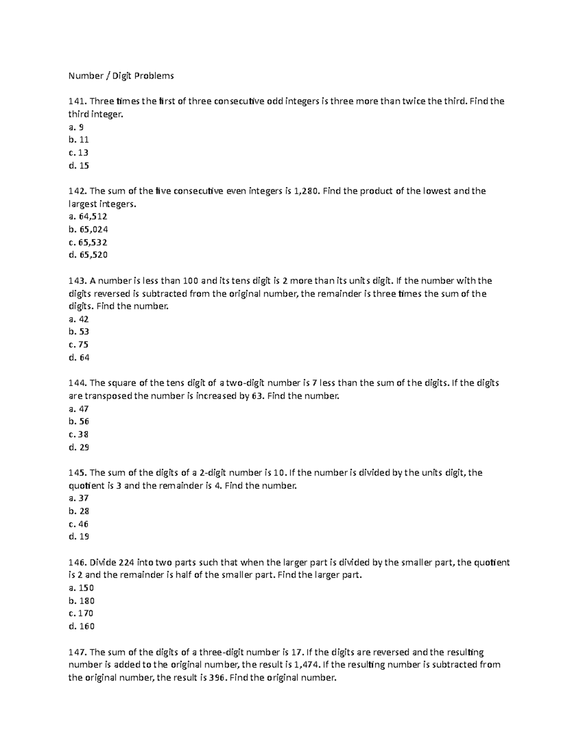 Number Digit Problems and Solutions for Math Exercises (MATH101) - Studocu