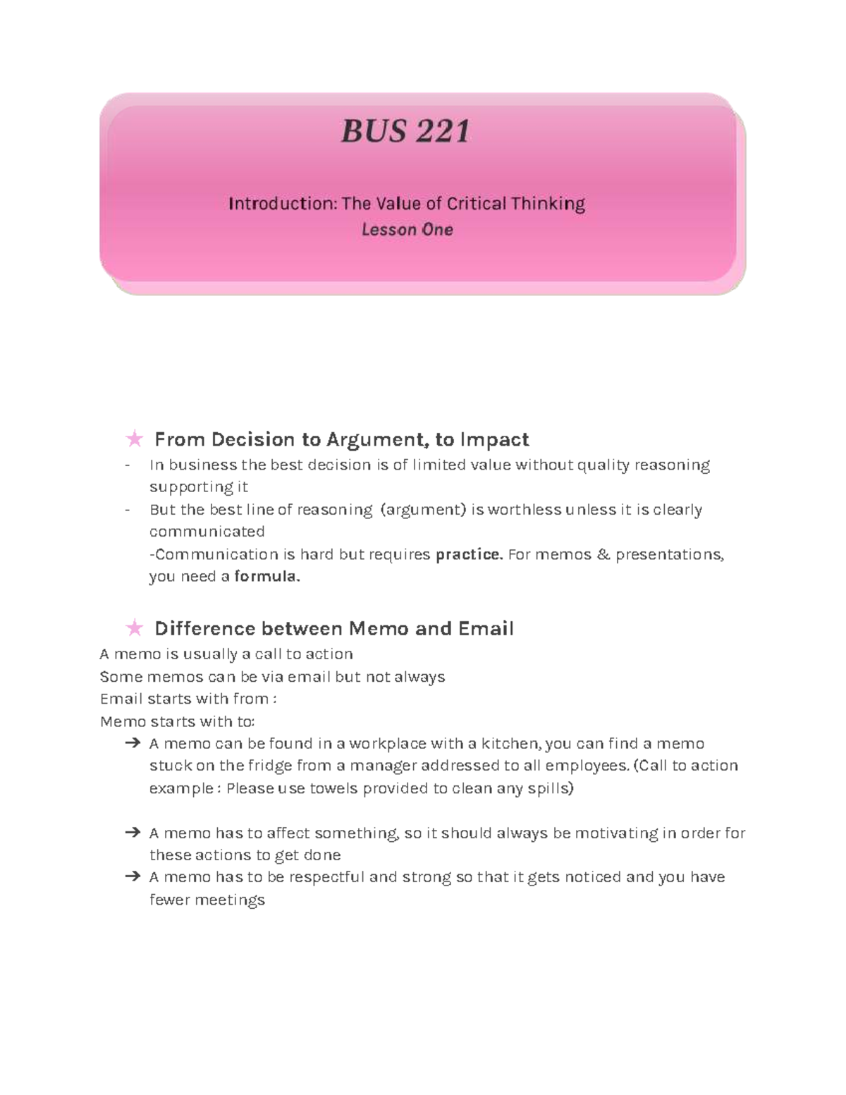 BUS 221 - Lesson 2: Crafting Effective Memos and Communication - Studocu