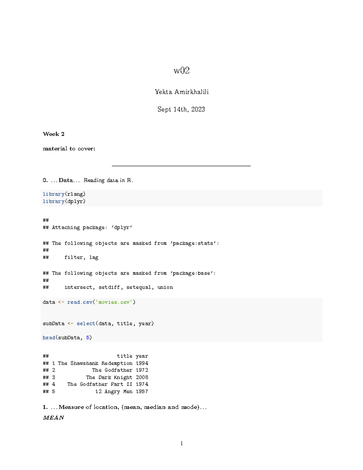 Week 2 Lecture Notes: Data Manipulation & Probabilities in R (Sept 14 ...