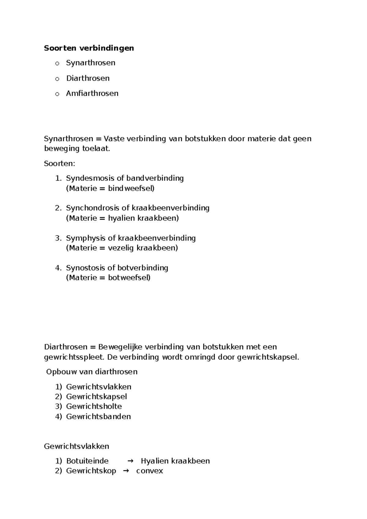 Anatomie: Soorten Verbindingen - Synarthrosen & Diarthrosen - Studocu