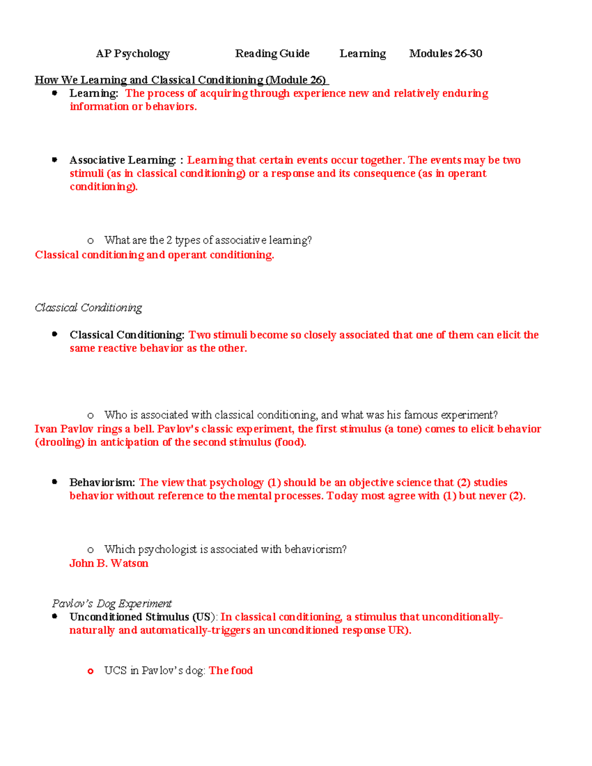 AP Psychology Unit 4 Reading Guide: Learning & Conditioning (Modules 26 ...
