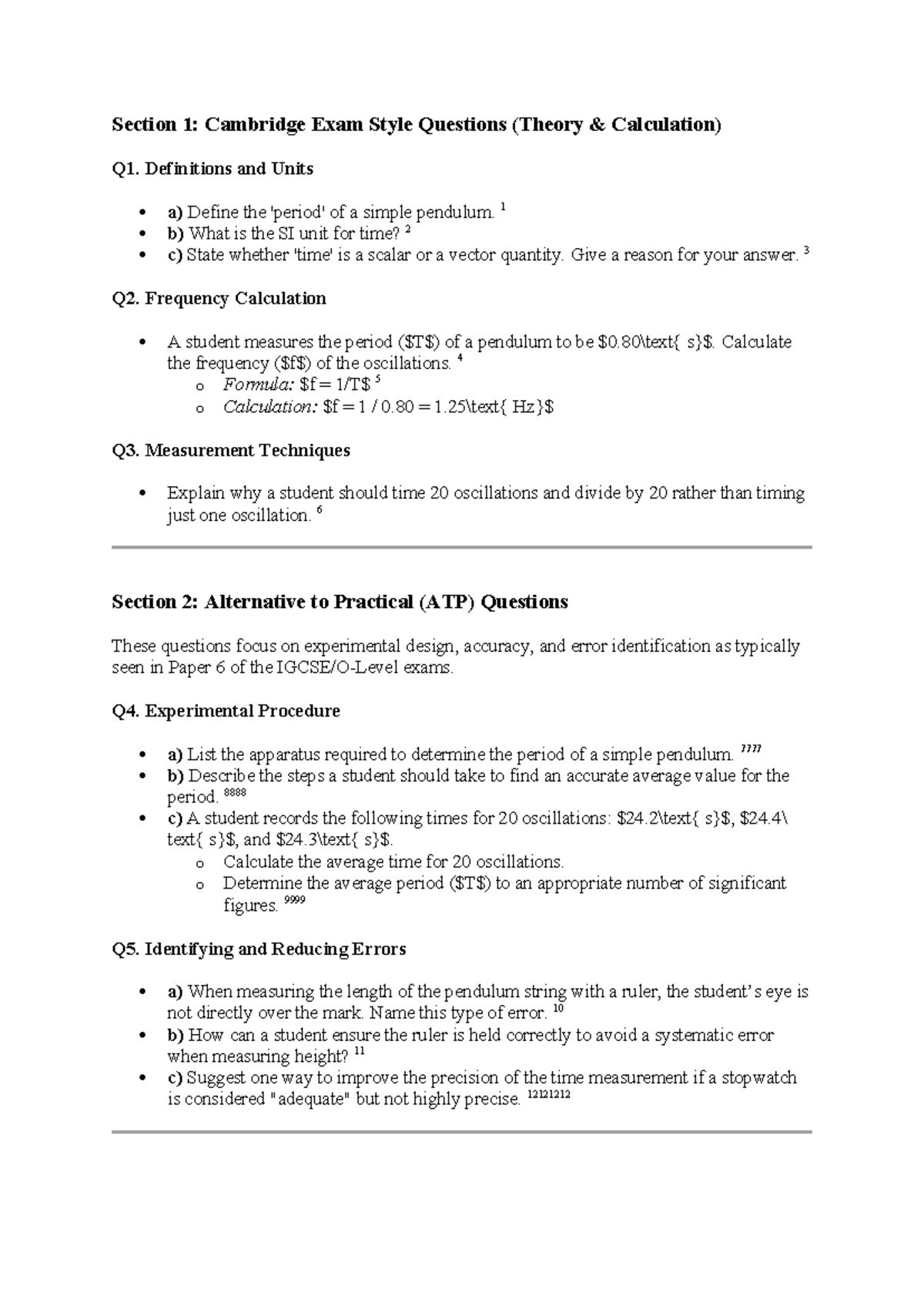 Cambridge Exam Style Questions: Pendulum Theory & Calculations - Studocu