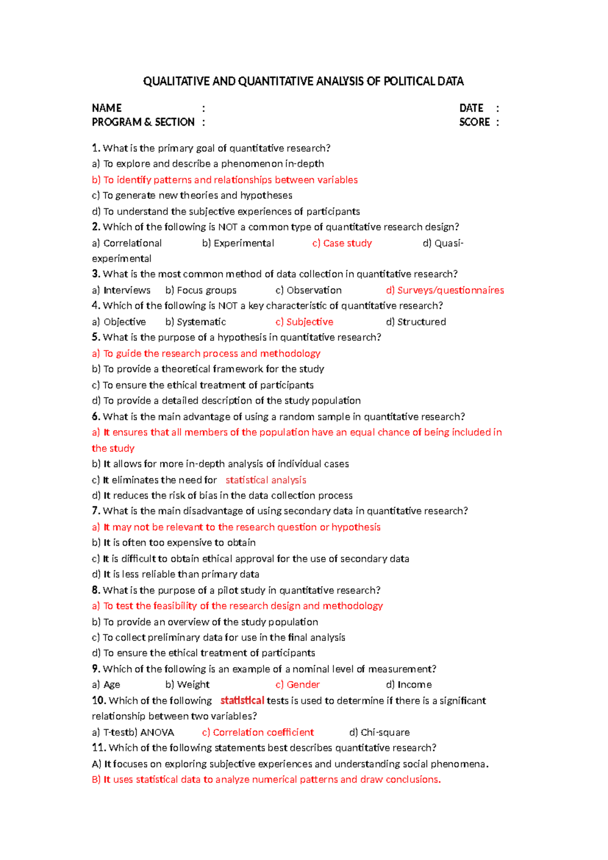 Qualitative and Quantitative Analysis Exam (QA 101): Key Concepts and ...