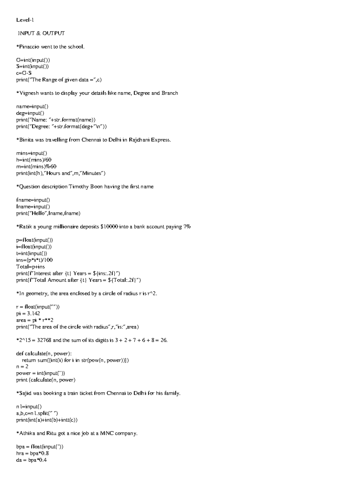 Python Level 1 Lab: Input and Output Exercises - Studocu