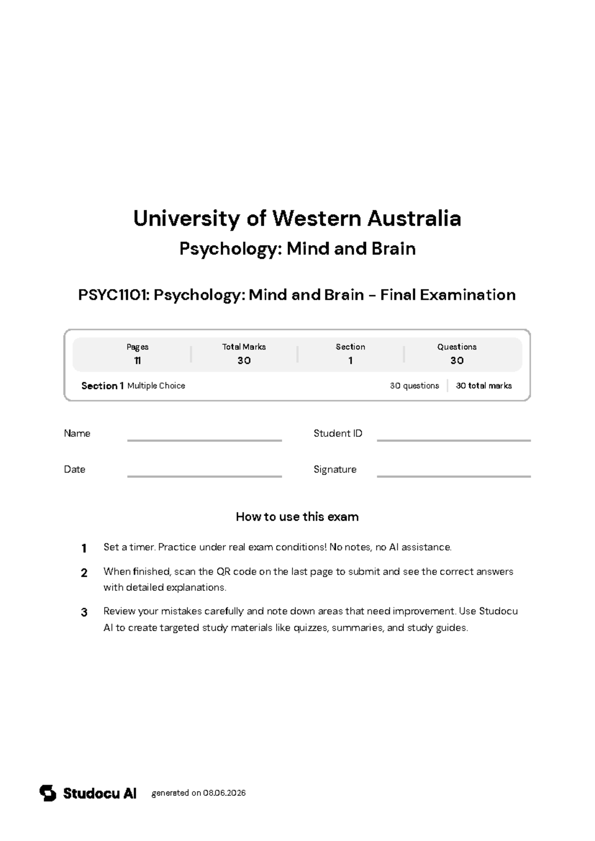 PSYC1101: Psychology Mind and Brain - Final Exam - Studocu