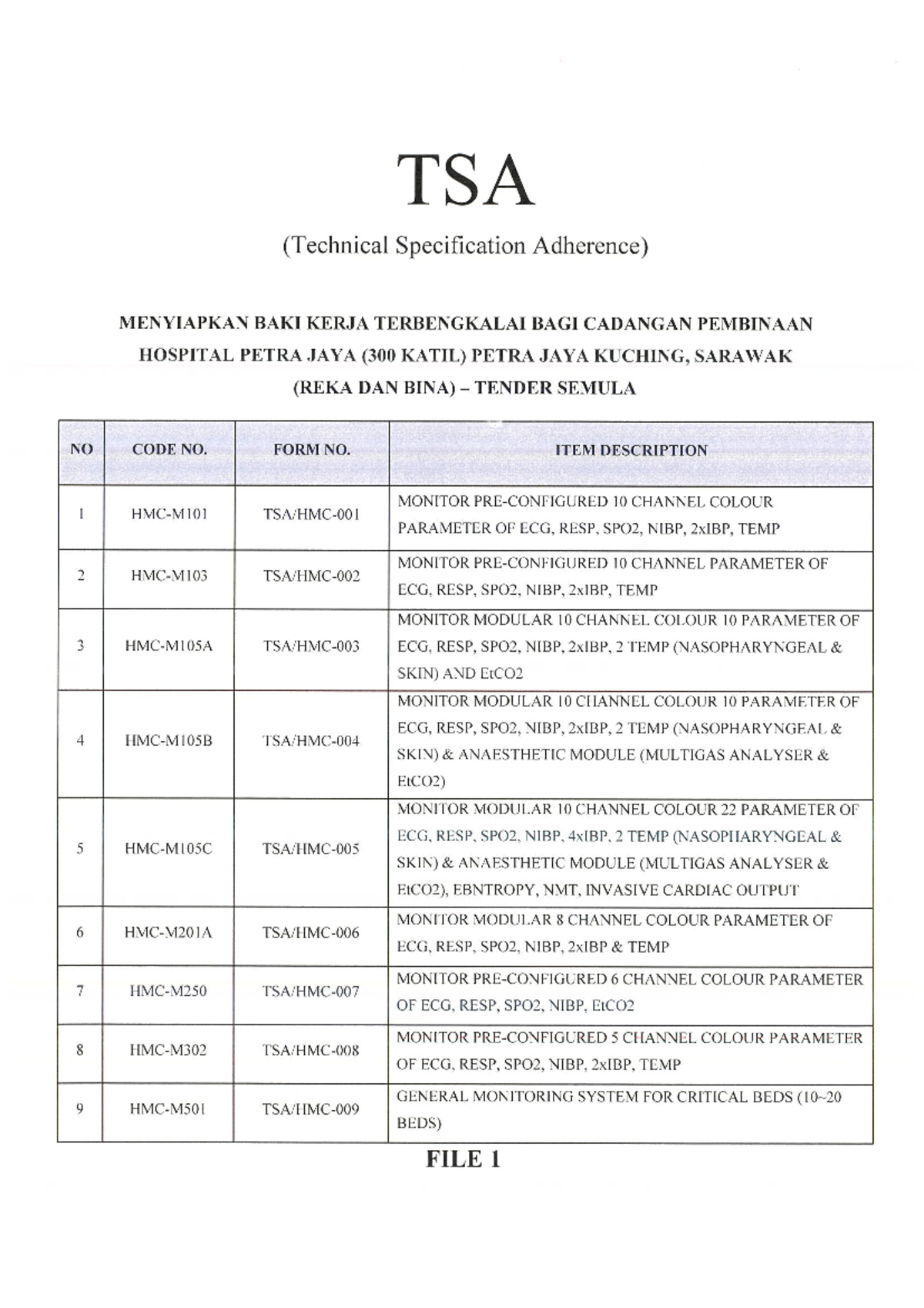 TSA tender document for hospital construction equipment specifications ...