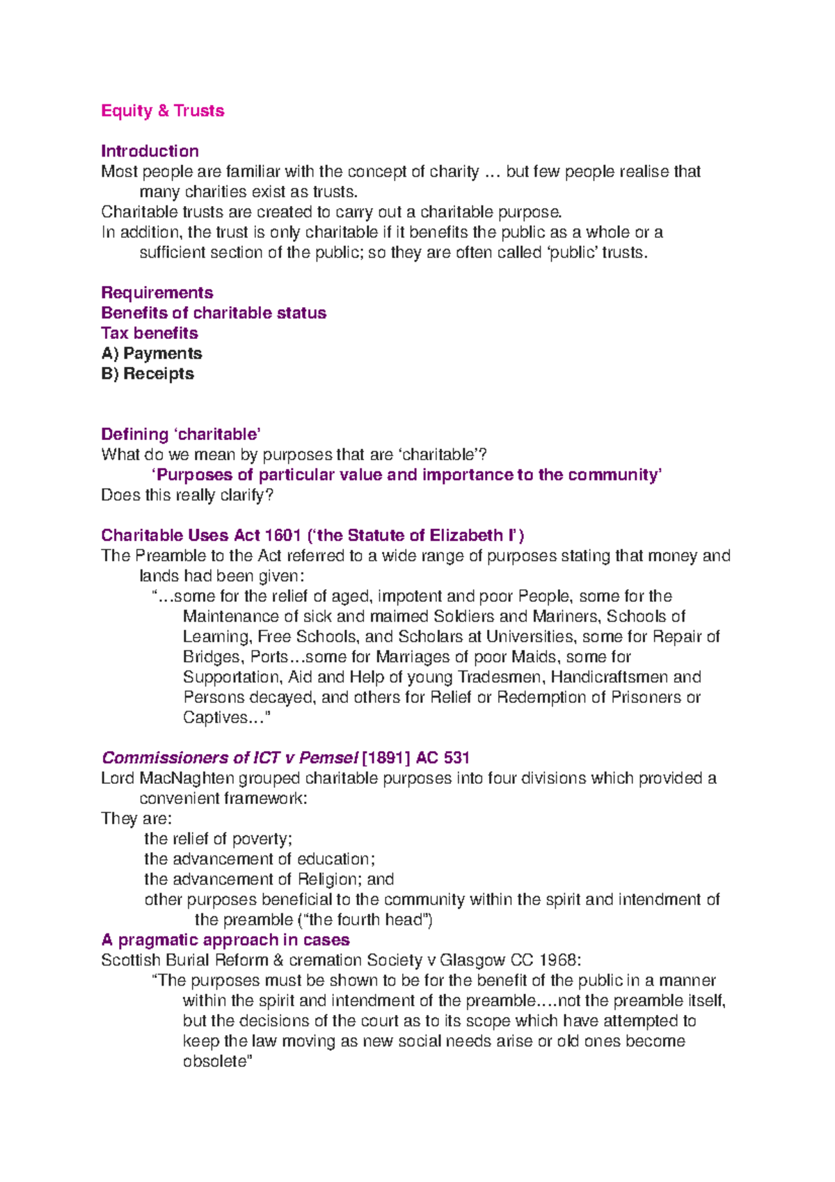 Updated charities - Lecture notes week 8 - Equity & Trusts Charitable ...