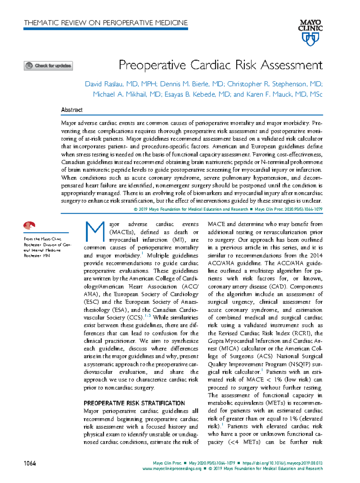 2020 - Preoperative Cardiac Risk Assessment: A Thematic Review - Studocu