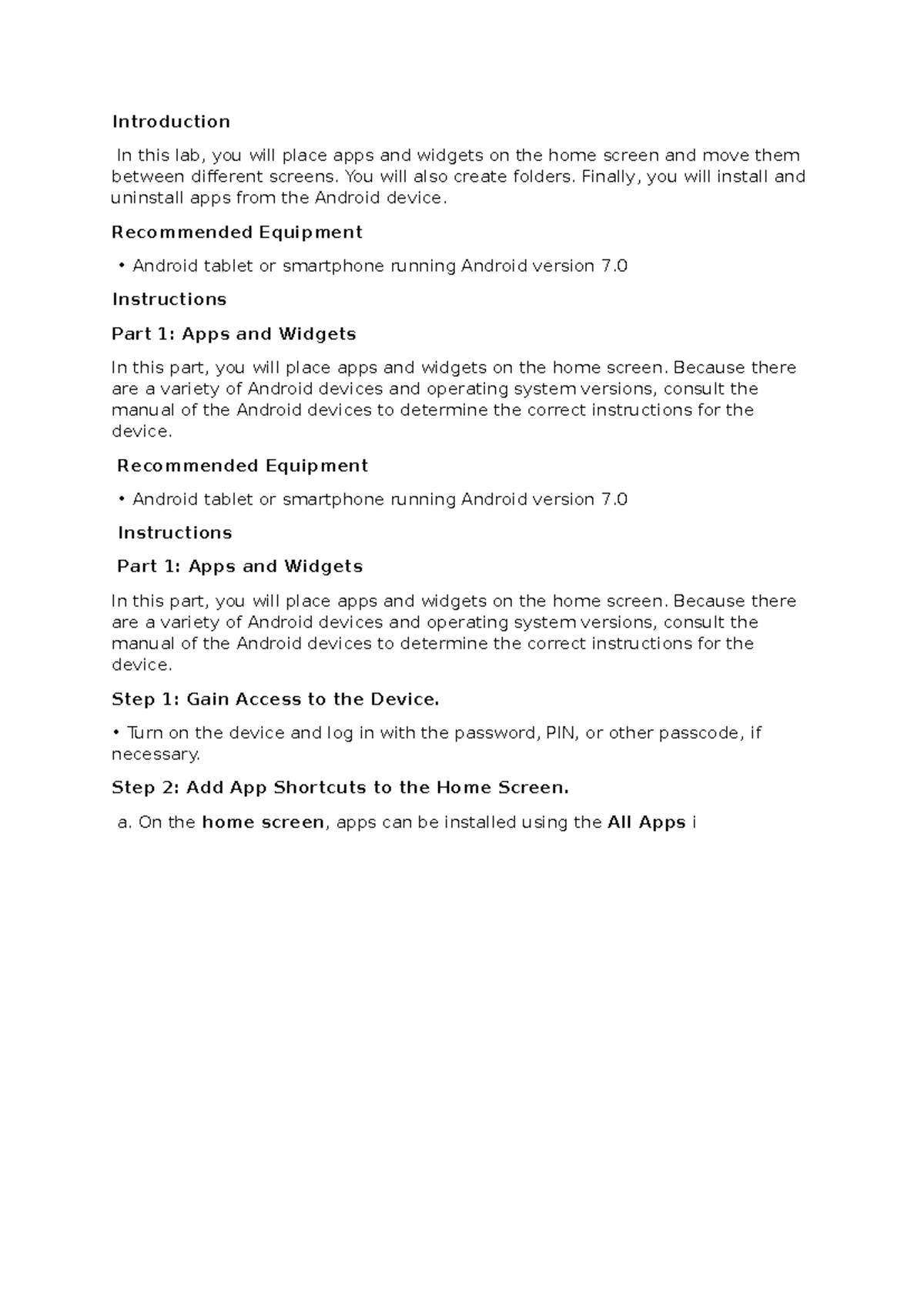 CA Android - Introduction In this lab, you will place apps and widgets ...