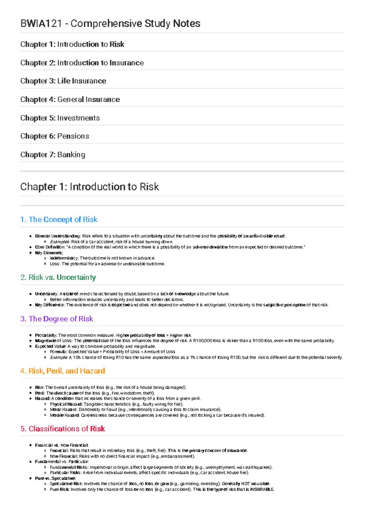 BWIA121 Comprehensive Study Notes: Risk, Insurance, Investments ...