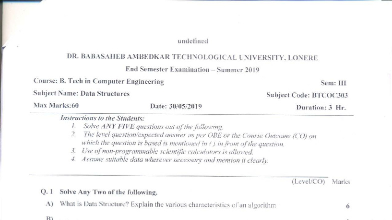 End Sem Exam BTCOC303: Data Structures - Summer 2019 - Studocu