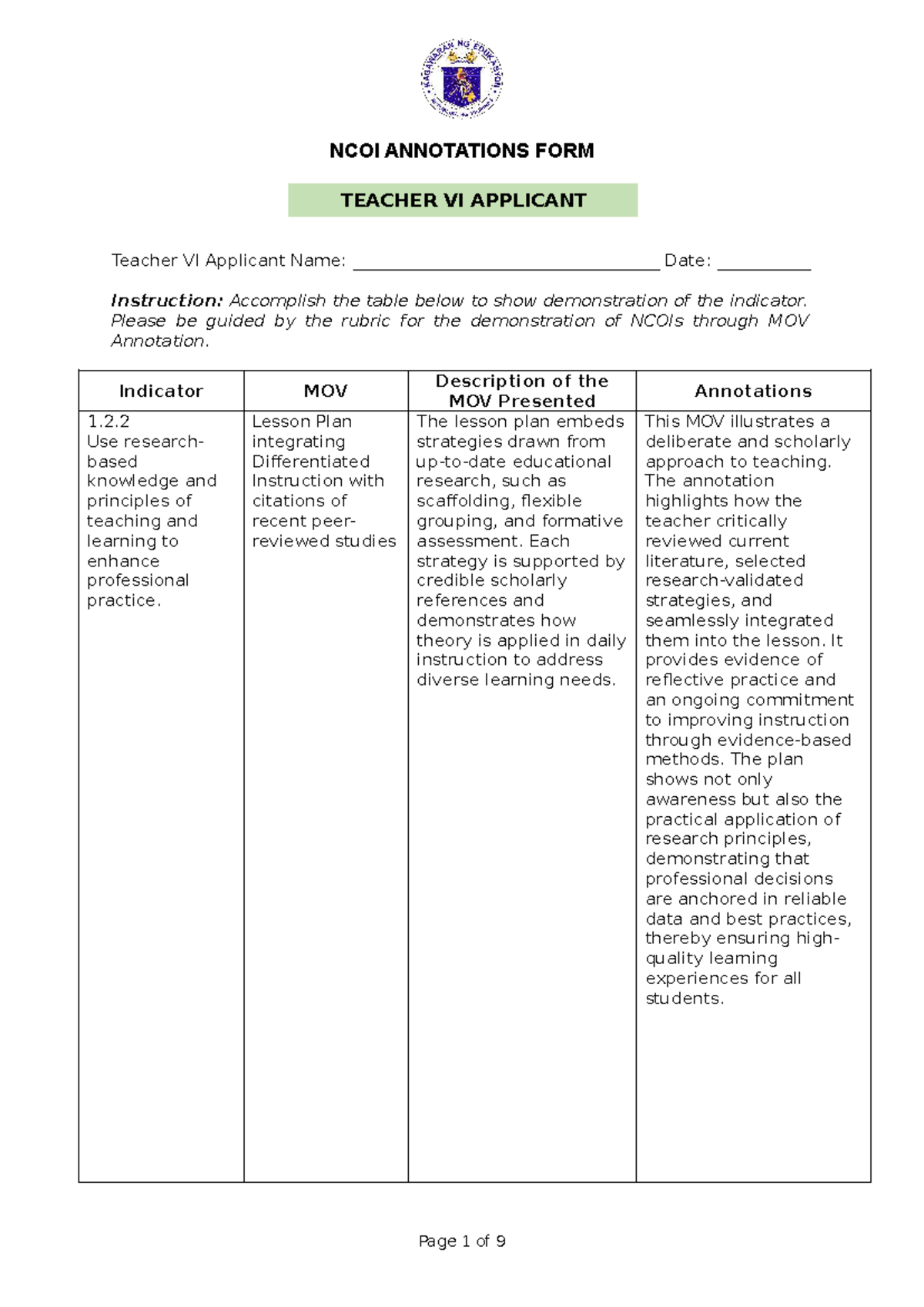 NCOI Annotations for Teacher VI Applicant: Evidence of Professional ...