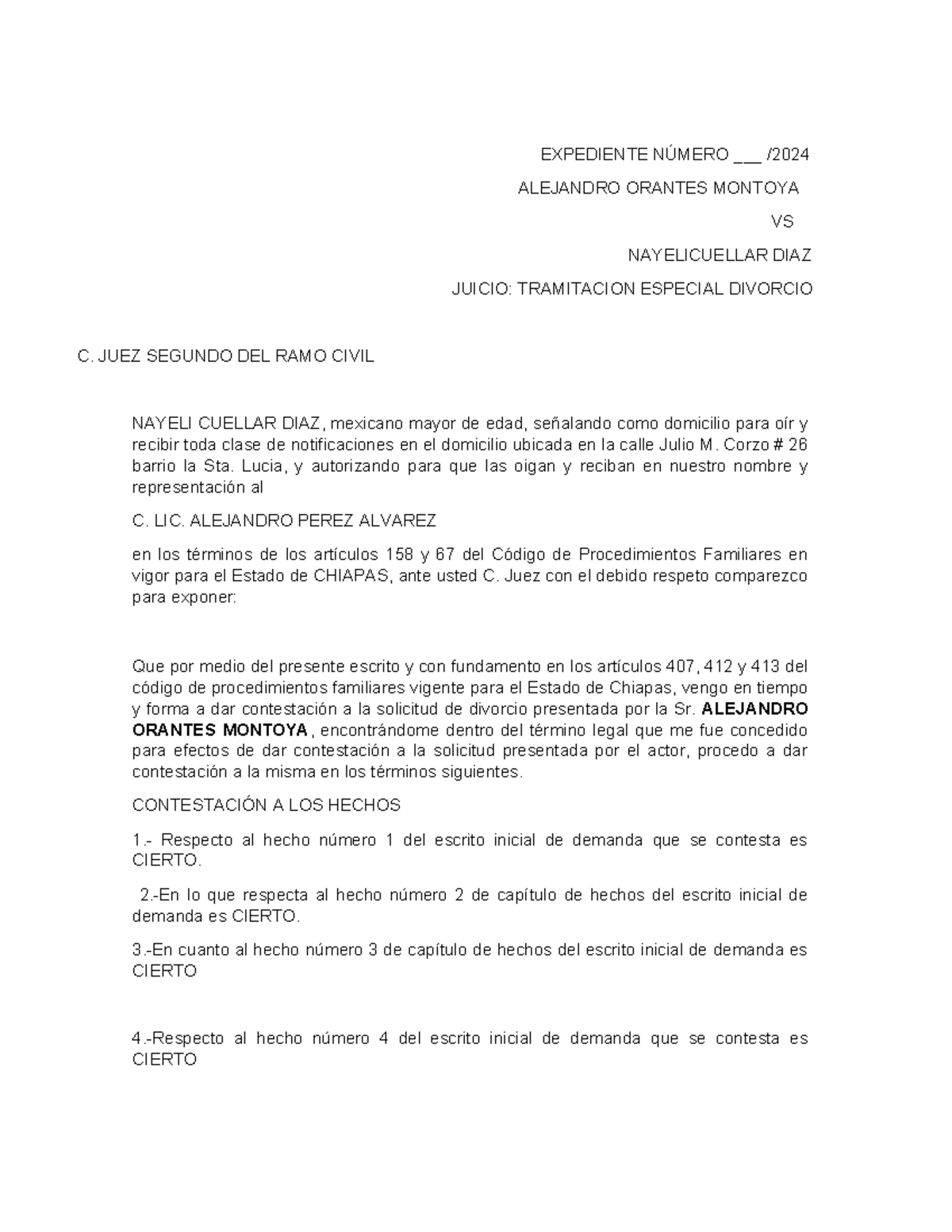 Contestacion de demanda de divorcio - EXPEDIENTE NÚMERO ___ / ALEJANDRO ...