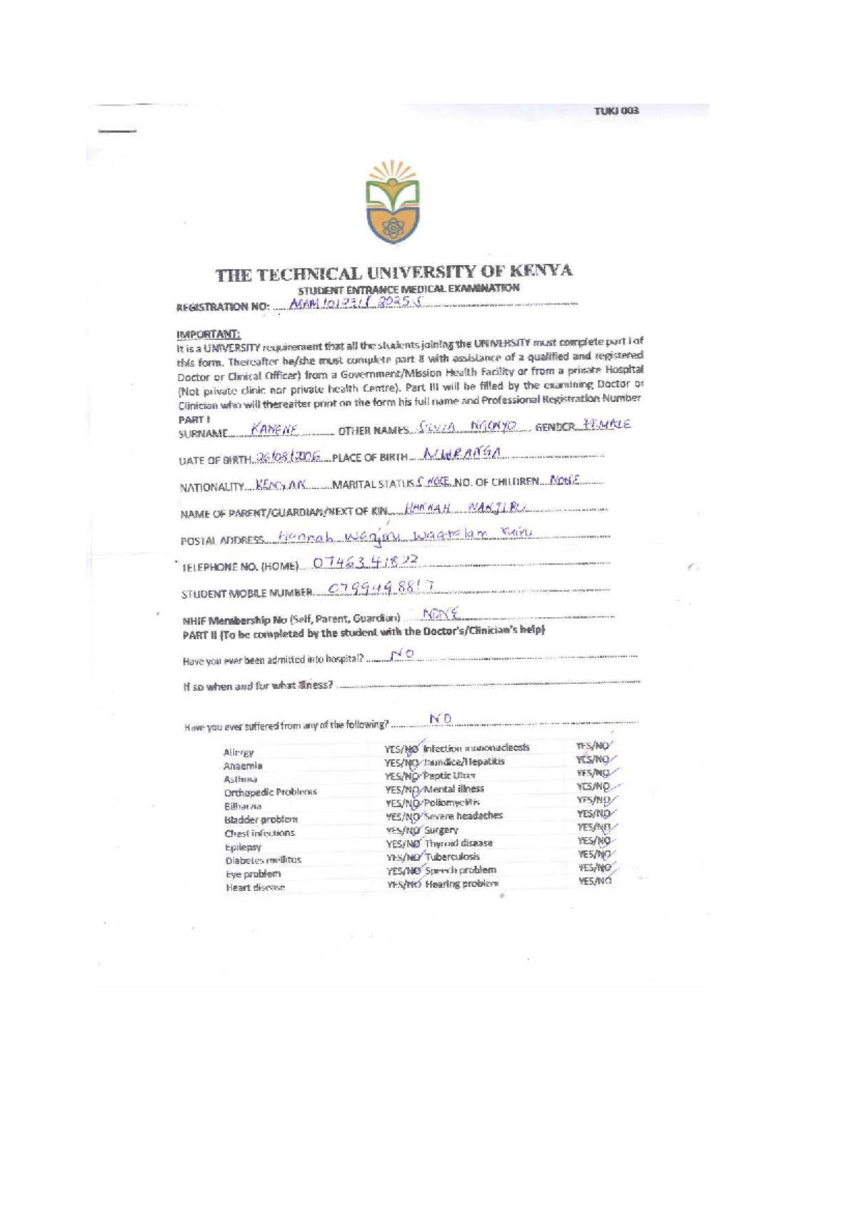 TUKI 003 Medical Examination Registration Form for New Students - Studocu
