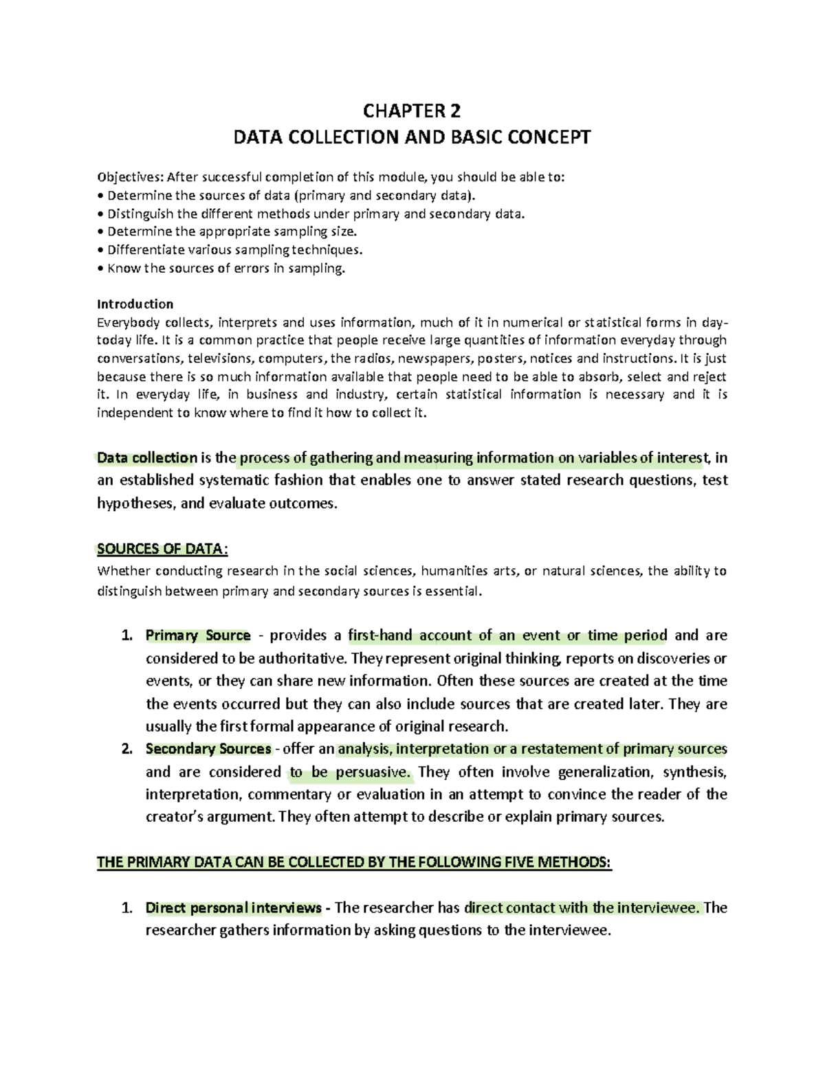 CHAPTER 2 - DATA COLLECTION METHODS AND SAMPLING TECHNIQUES - Studocu