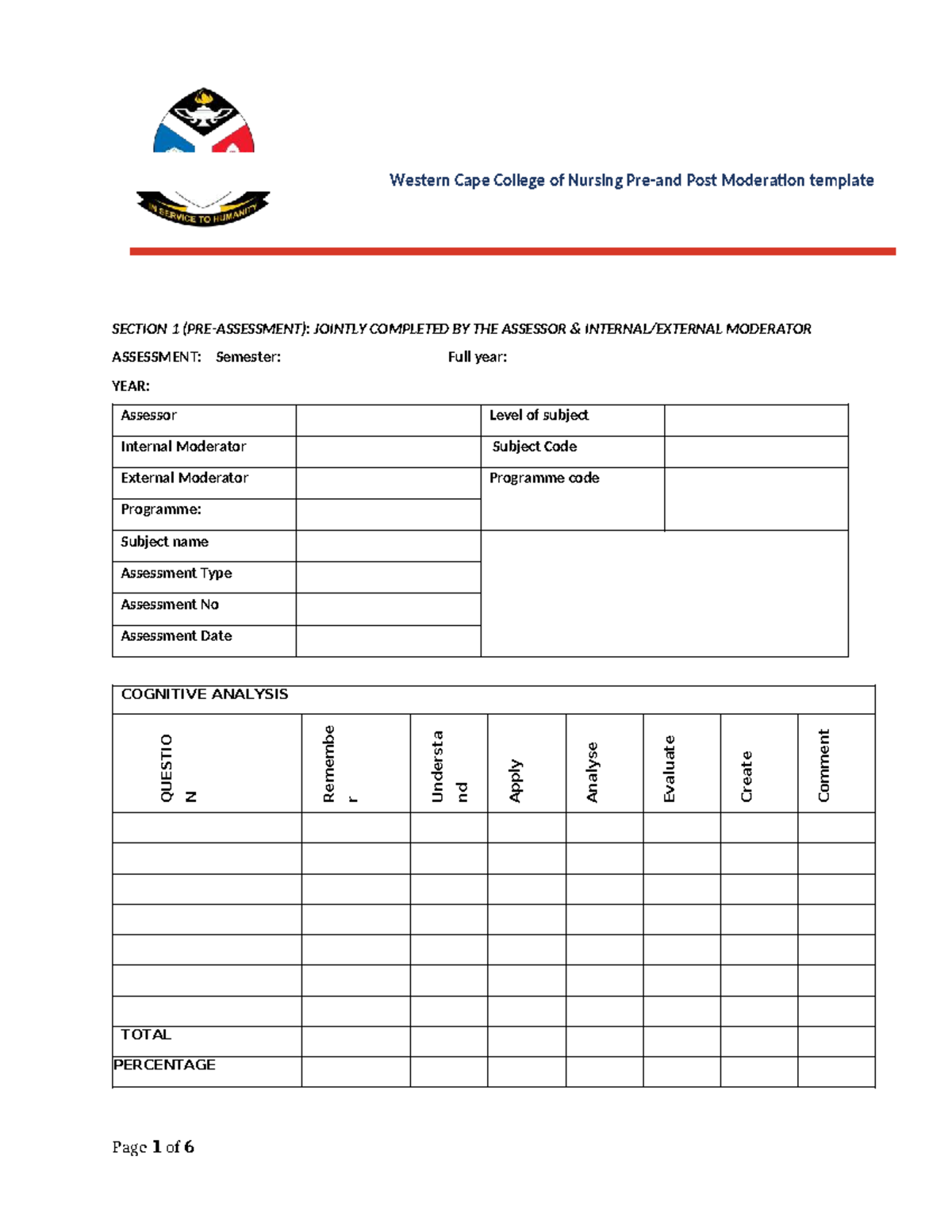 Western Cape College of Nursing Post Moderation Template 2024 - Studocu