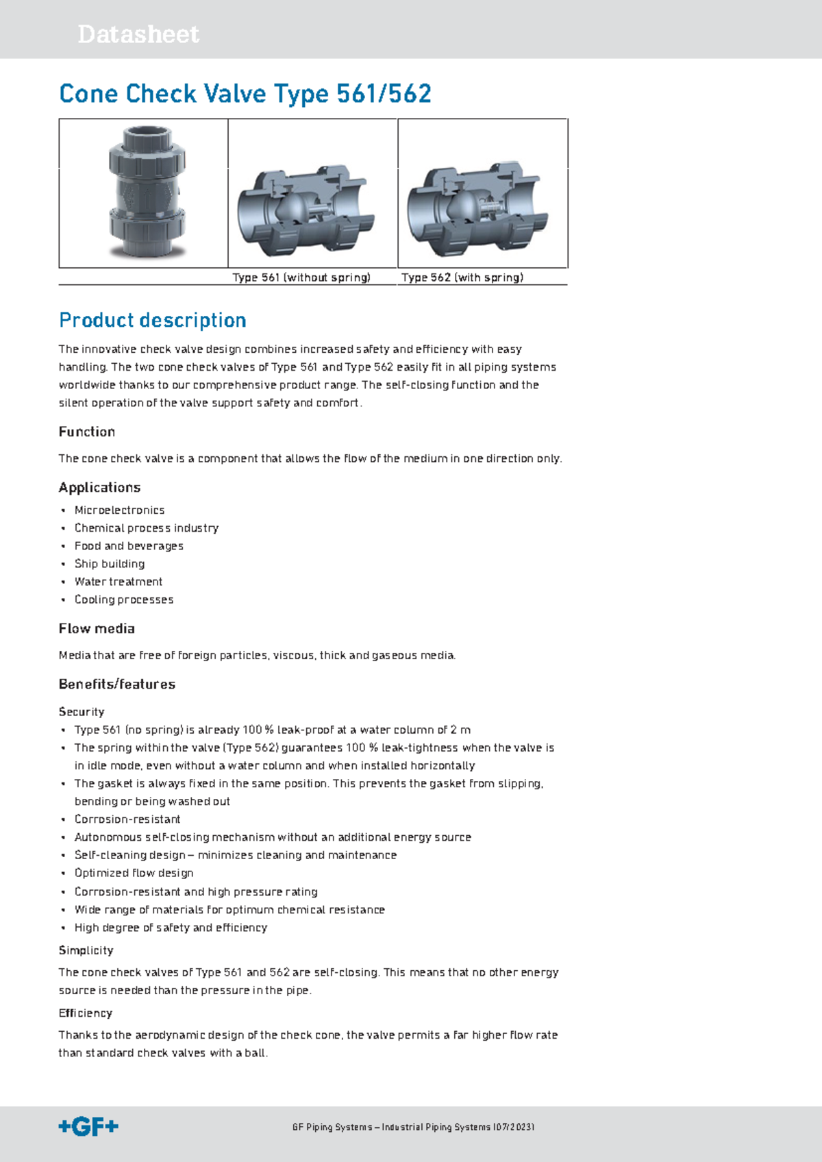Gfps Datasheet: Cone Check Valves Type 561 and 562 Overview - Studocu