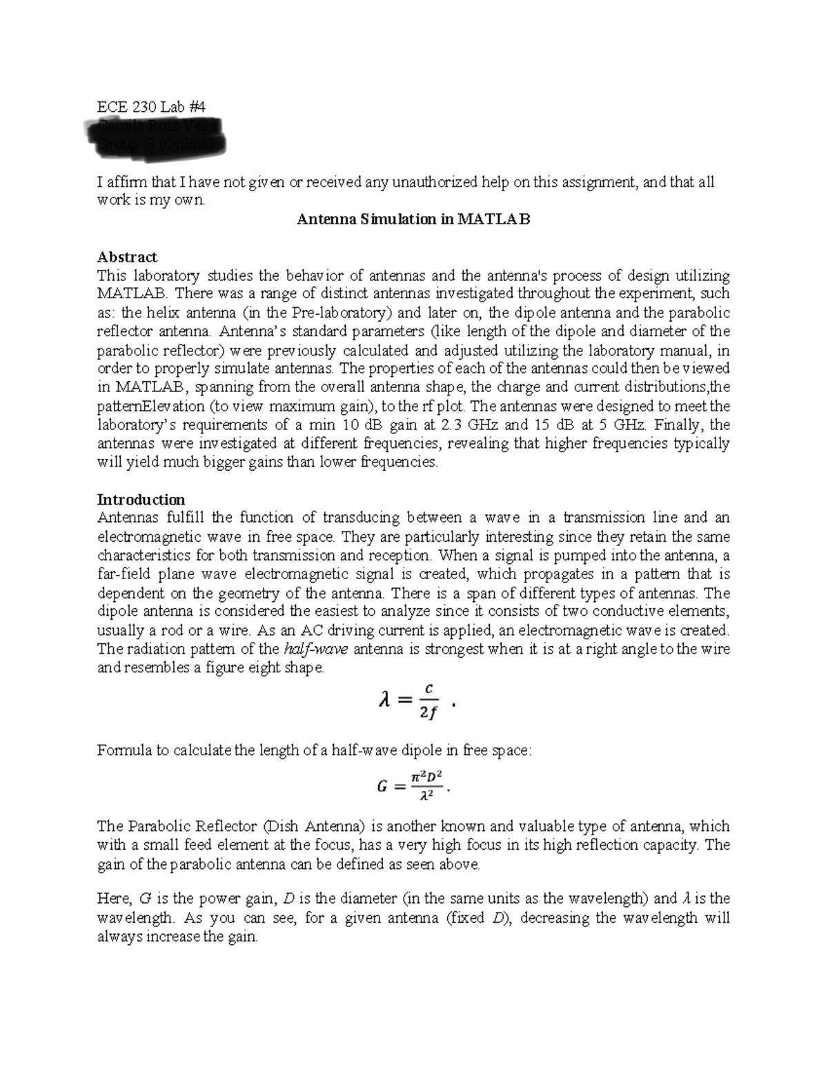 ECE 230 Lab #4 - Lab 4 - antenna simulation matlab - ECE 230 Lab ...