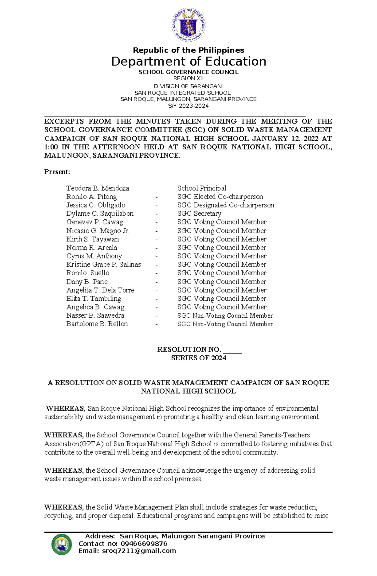 Resolution No. 2024 - San Roque NH School Solid Waste Mgmt Campaign - Studocu