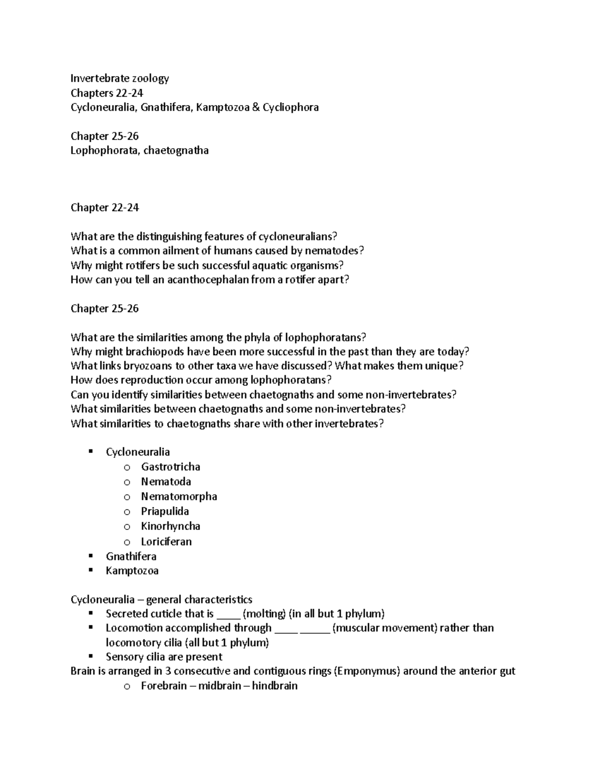 Invertebrate Zoology Review: Chapters 22-26 Insights and Questions ...