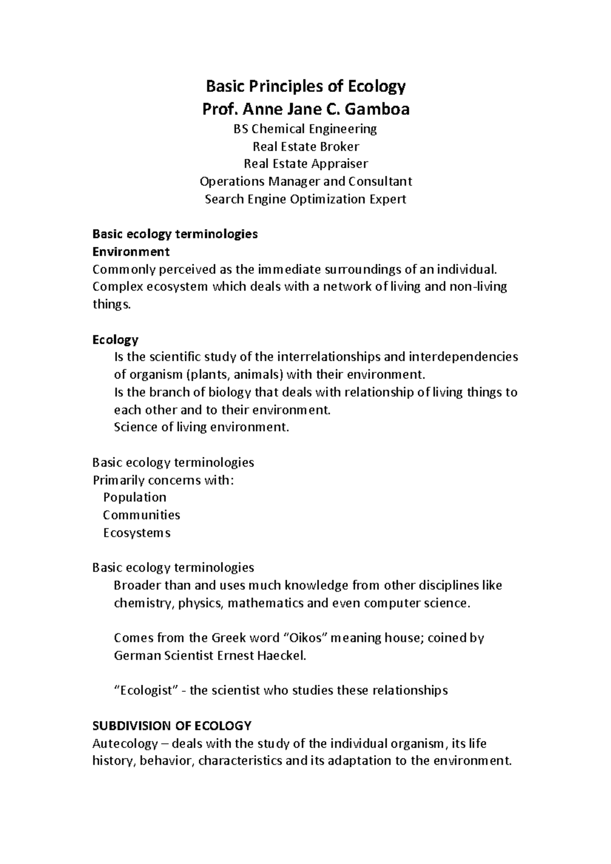 Basic Principles of Ecology: Key Concepts and Ecosystem Overview - Studocu