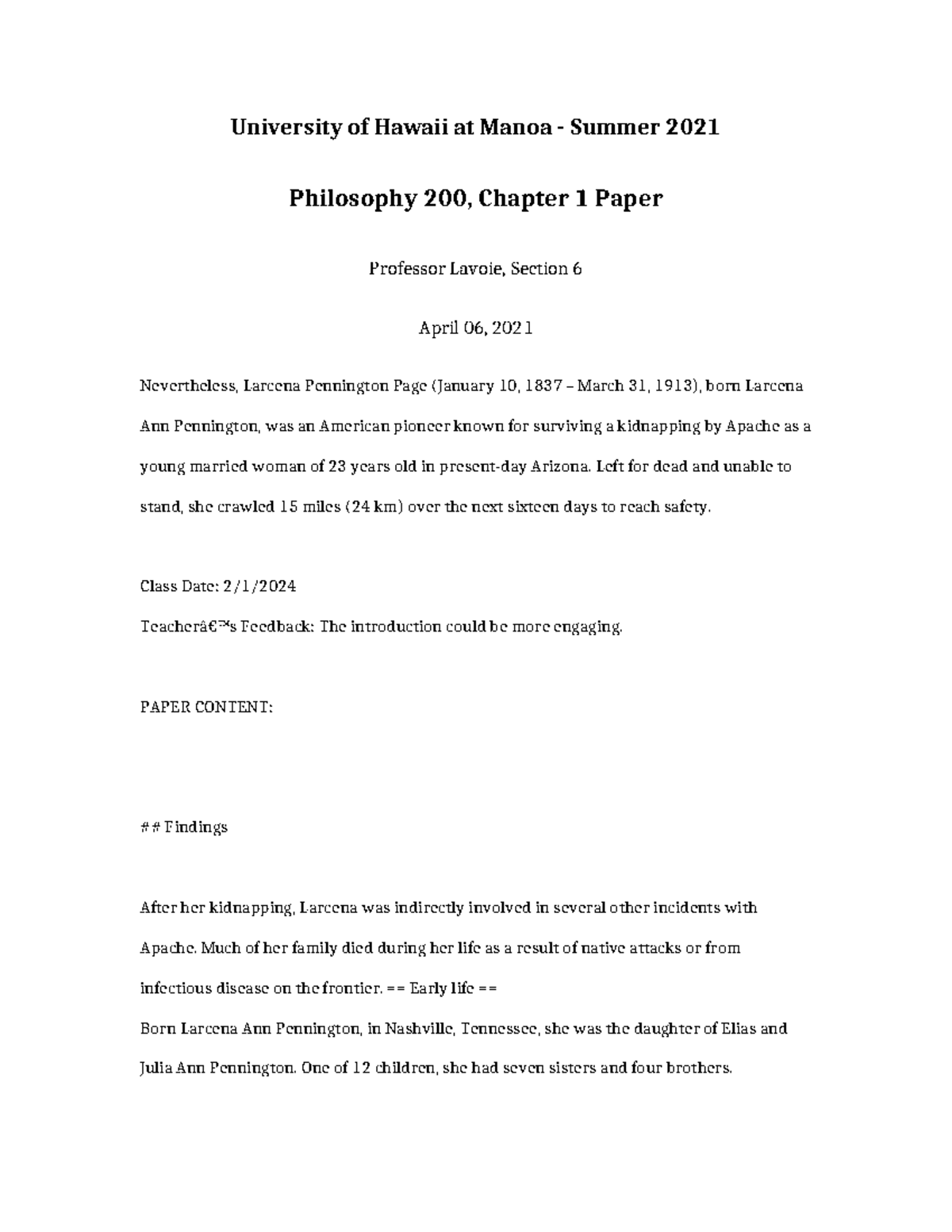 Philosophy 200 Chapter 1 Analysis: Larcena Pennington's Journey - Studocu