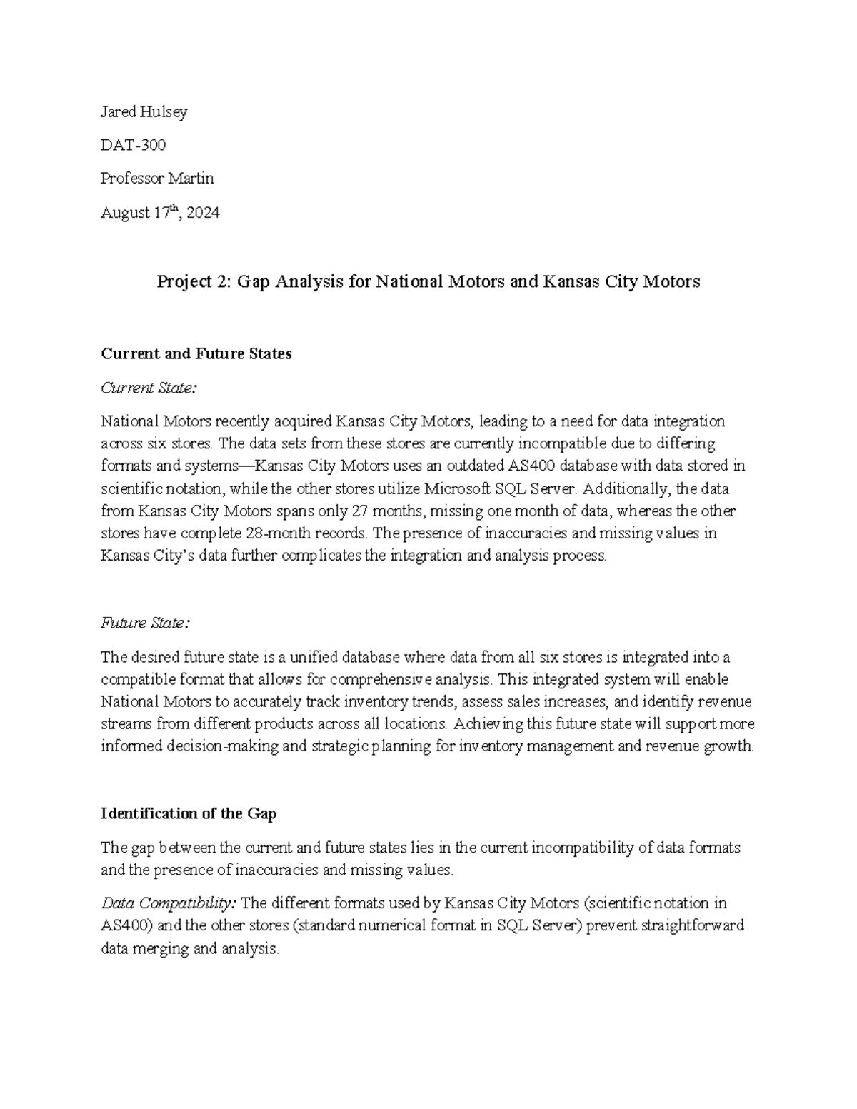 DAT-300 Project 2: Gap Analysis for National Motors Integration - Studocu