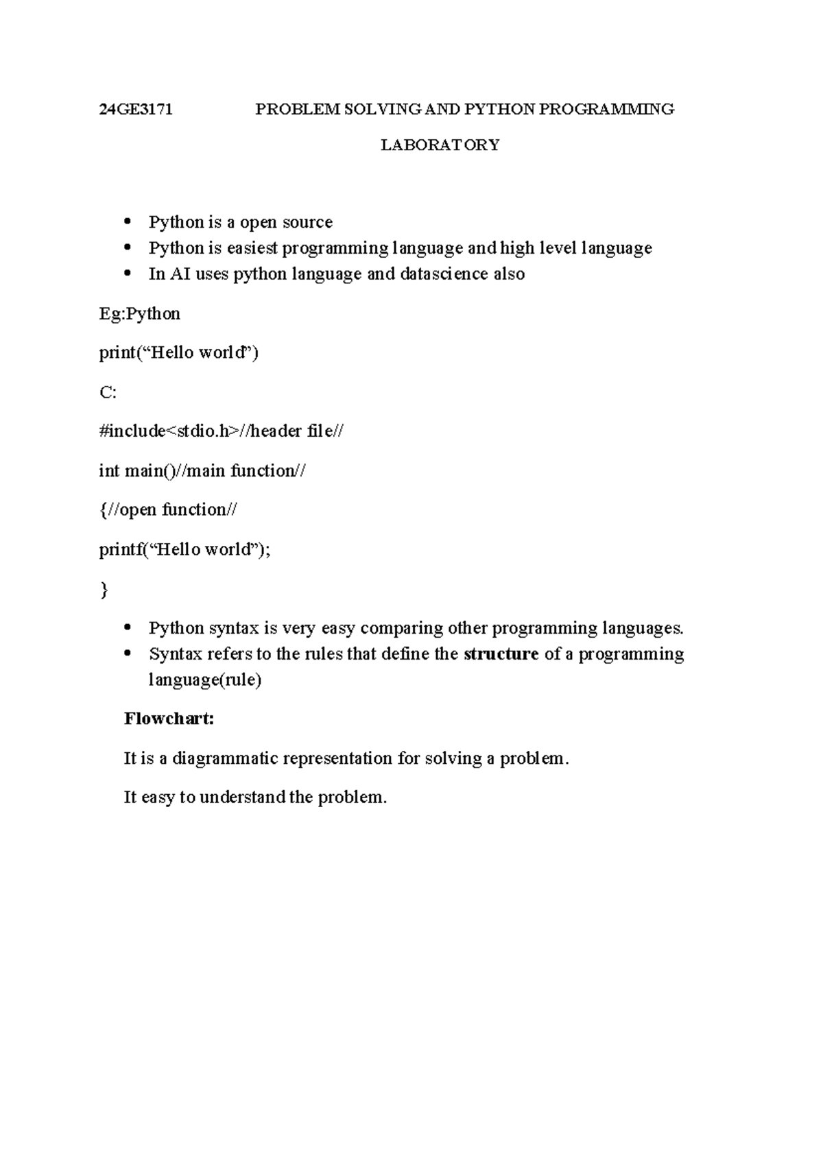 24GE3171 Python Programming Lab: Problem Solving Techniques - Studocu