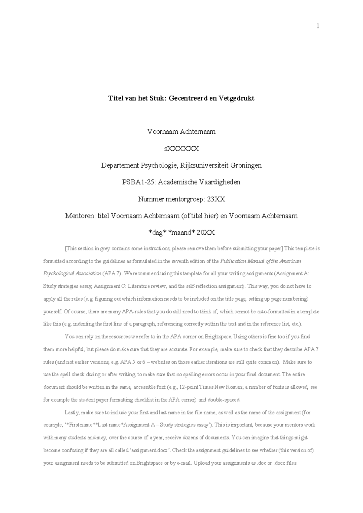 PSBA1-25: APA 7 Template for Academic Writing Assignments - Studeersnel