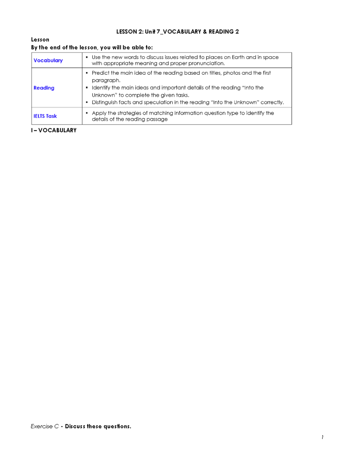 [HK242] Lesson 2 In-class worksheet - LESSON 2 : Unit 7_VOCABULARY ...