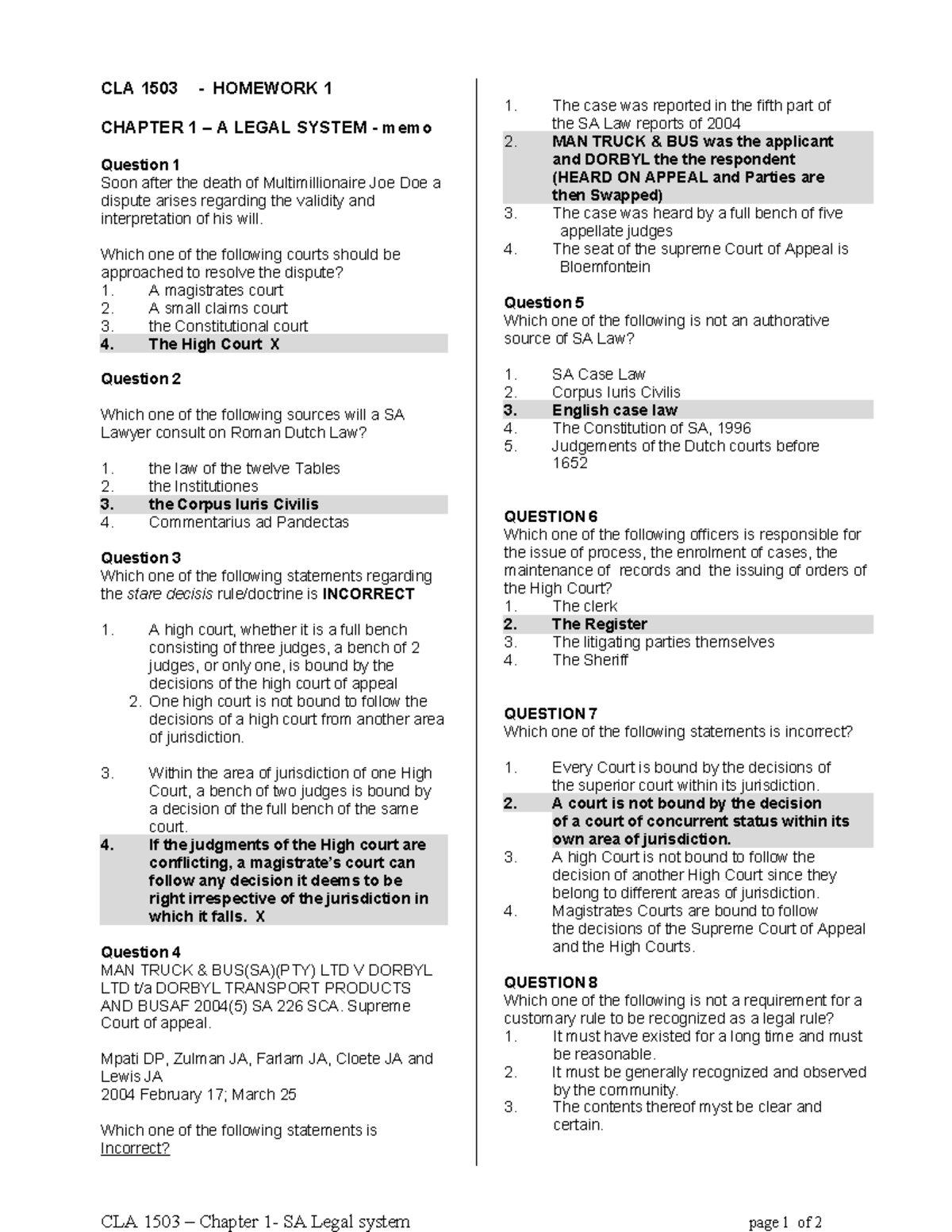 CLA 1503 Chapter 1 Memo: Understanding the SA Legal System - Studocu